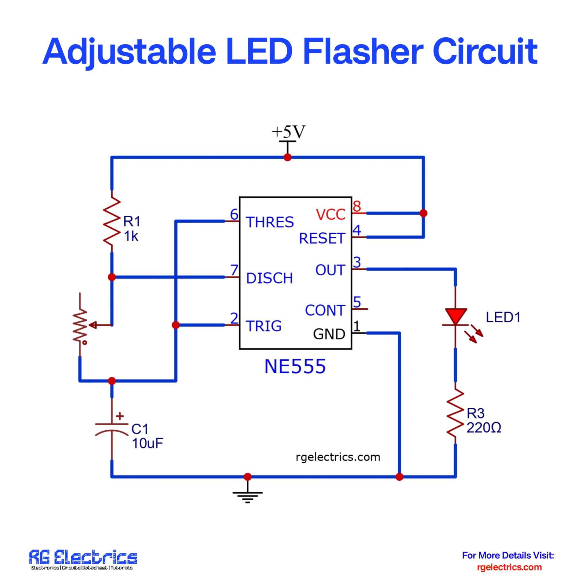 Adjustable LED Flasher Circuit using NE555 — RG Electrics