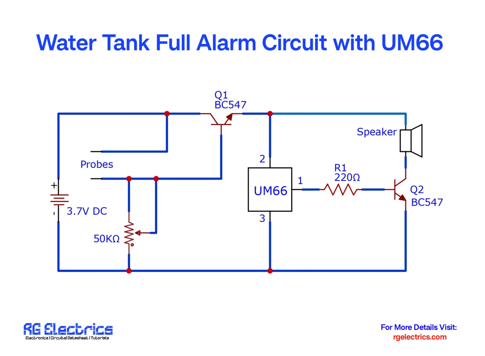 Water Tank Full Alarm Circuit using the UM66 IC — RG Electrics